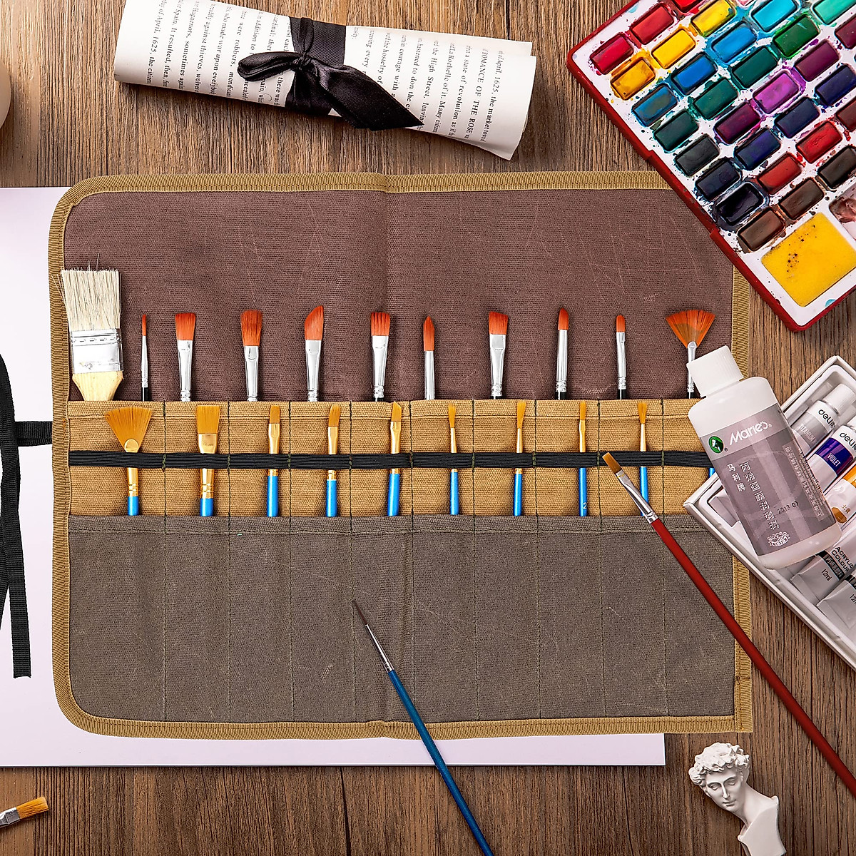 Kaaltisy Artist Brush & Pencil Holder Case, Portable Paintbrush Storage Roll with Tie Rope & 2-Layer Slots - Heavy Duty 16OZ Waxed Canvas Paintbrush Roll | Brown