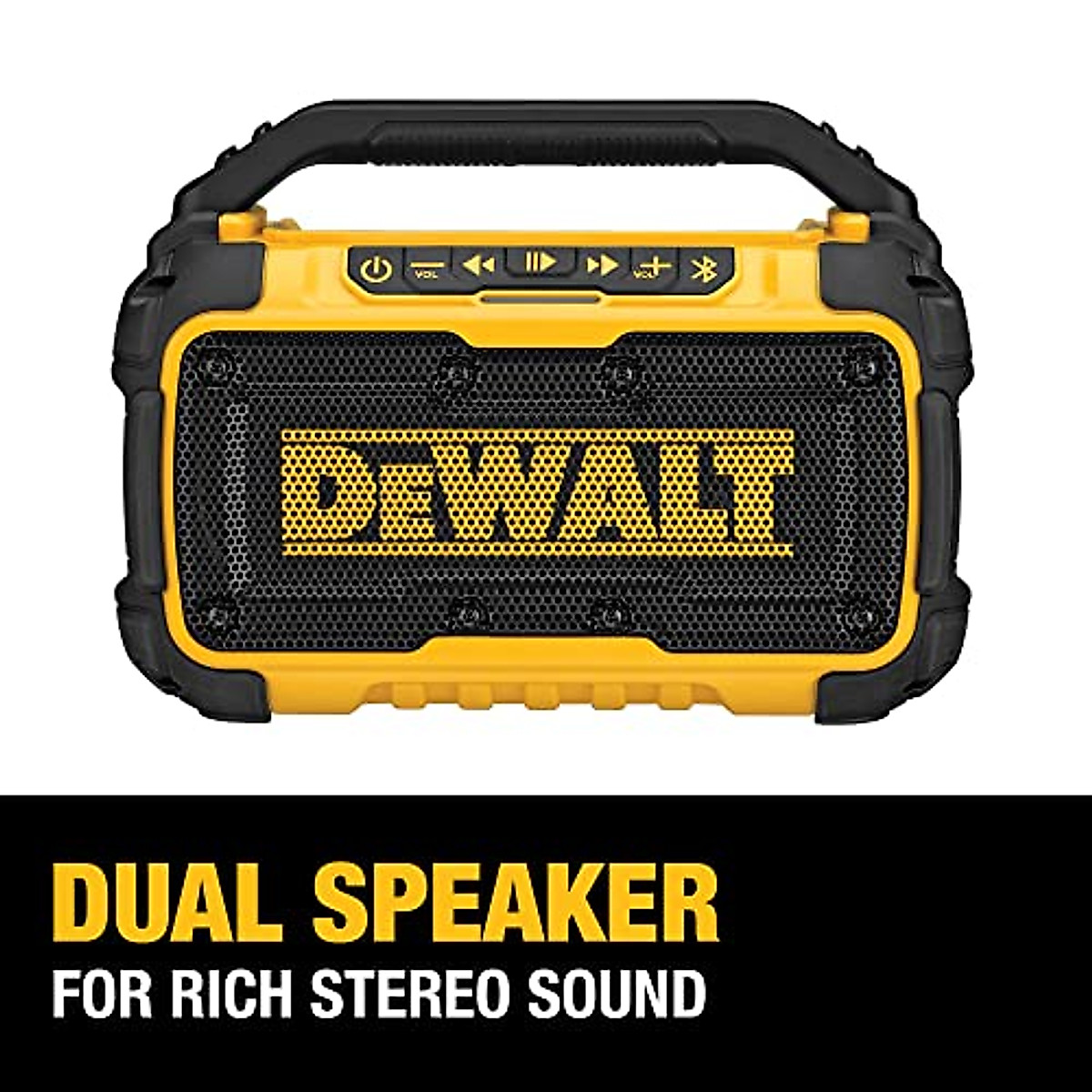 DEWALT 20V MAX Bluetooth Speaker, 100 ft Range, Durable for Jobsites, Phone Holder Included, Lasts 8-10 Hours with Single Charge (DCR010), Yellow/Black