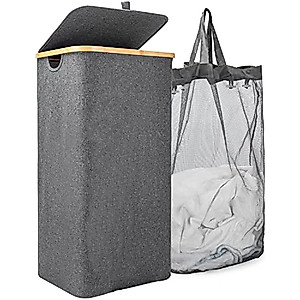 laundry basket with lid100L Bamboo Laundry Basket with Lid laundry hamper with removable bag Water-proof Dirty Clothes Hamper Collapsible Laundry Baskets for Clothes Storage and Bedroom (Square, new-grey) (Square, new-grey)