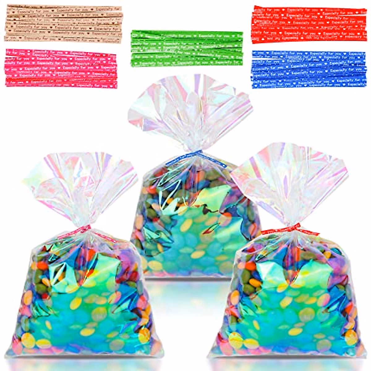 120pcs Cellophane Treat Bags, Iridescent Holographic Cellophane Bags 6x9 inch, Qpout Iridescent Holographic Cellophane Goodie Candy Cookie Bags, Iridescent Holographic Cellophane Party Favor Treat Bag