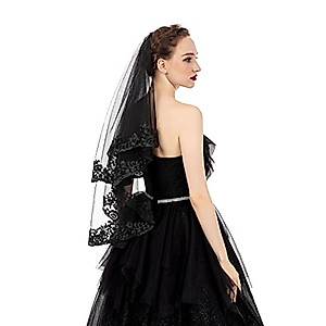 PAMOR Black Lace Veil Creative Mantilla Cathedral Tulle Sheer Wedding Halloween Veil for Bride With Comb