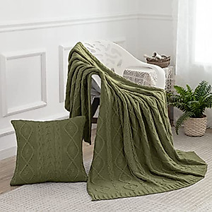 Milvowoc Olive Green Throw Blanket and Pillow Covers Set, 50" x 60" Cable Knit Throw Blanket + 2 Pieces 18" x 18" Knitted Throw Pillowscase, Decorative Throw Blankets Knitted Blanket for Sofa Couch