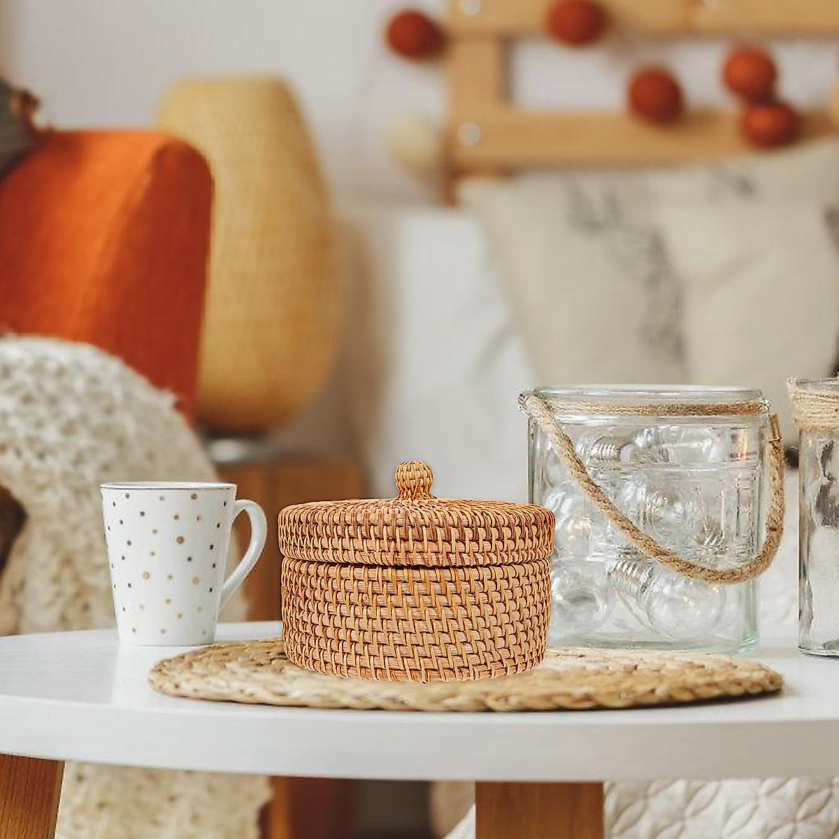 ULTNICE Round Rattan Storage Box with Lid - Hand Woven Rattan Basket for Desktop or Decorative Use