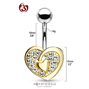 Forbidden Body Jewelry Surgical Steel Fancy Pave CZ Double Heart Belly Button Ring, Gold Tone