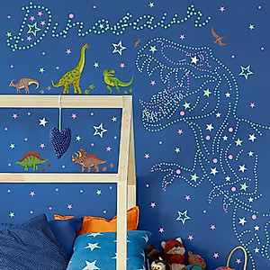 Buiory 925pcs Glow in the Dark Dinosaur Wall Decals Removable DIY Glowing Blue Green Yellow Stars and Dots Wall Stickers PVC Peel and Stick Fluorescent Luminous Wall Decor for Kids Bedroom Baby Boys