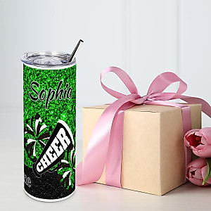 Ioracida Personalized Cheer Insulated Stainless Steel Tumbler with Lid and Straw, Casual Coffee Cup Mug for Cheerleader Coach, Custom Gifts for Cheer Mom Cheer Team, Green Glitter