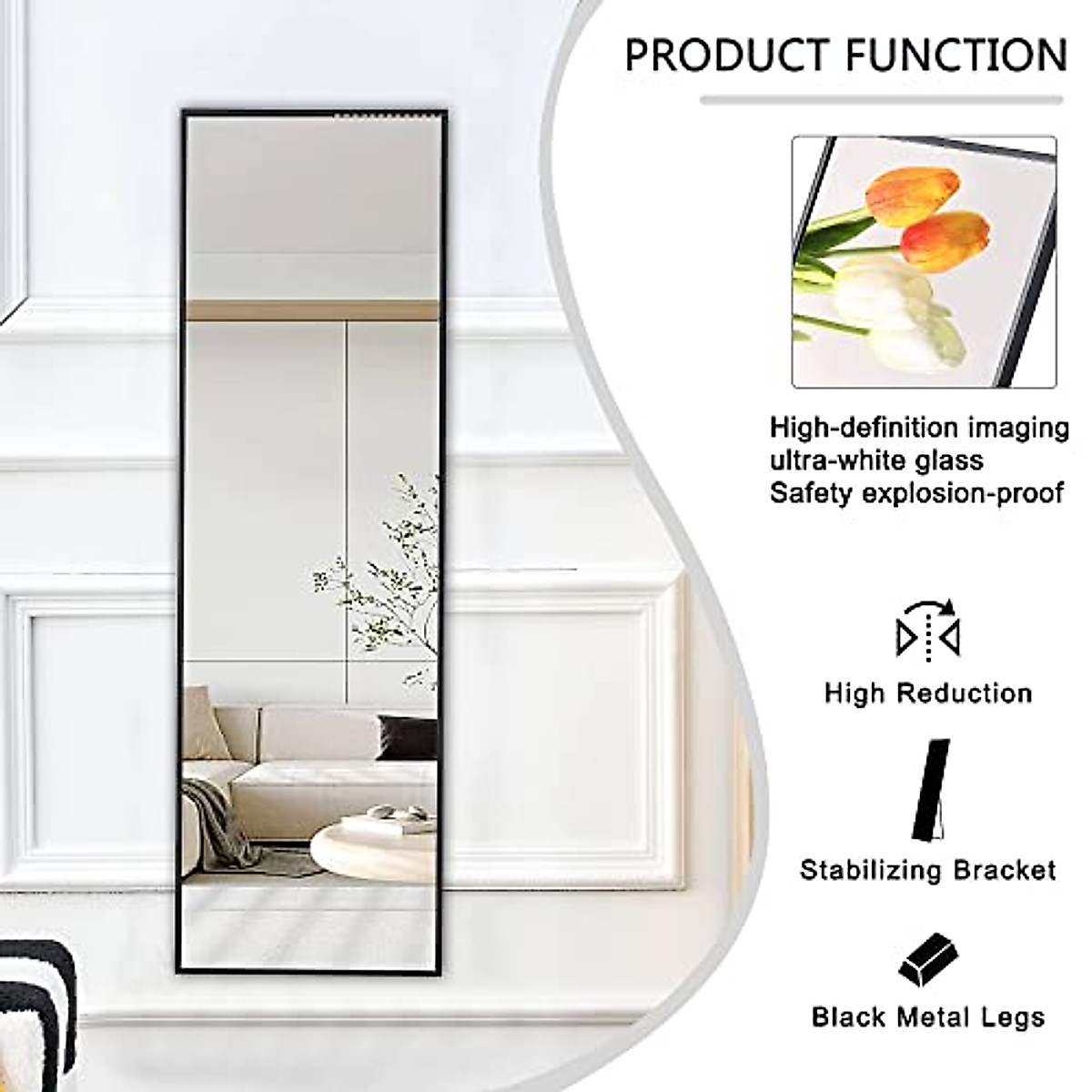 NebulaDeco Full Body Mirror with Stand,Black Metal Frame Wall Mounted Full Body MirrorGold Floor Standing Large Mirror48*13.8",Body Mirrors for Bedroom,Living Roomfull Length Mirror