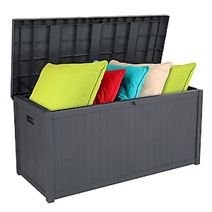 VINGLI Upgraded 113 Gallon Outdoor Storage Box, Lockable Plastic Storage Containers with Lid, Wooden Grain Surface Deck Box Patio Furniture for Garden, Pool, Balcony, Yard (Grey)