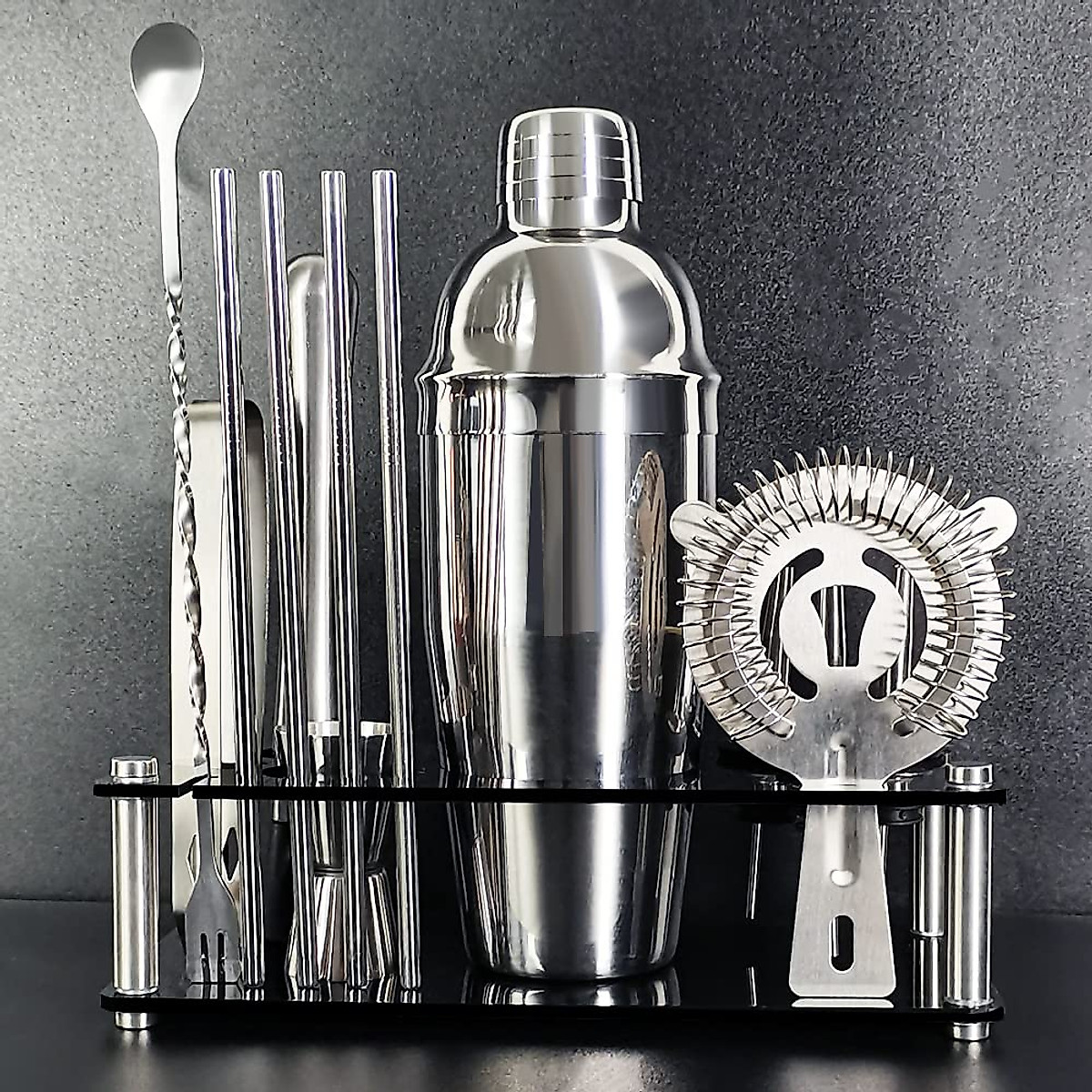 Bartender Kit, 13 Piece Cocktail Shaker Set Stainless Steel Bar Tools with Black Stand, 25 oz Shaker, Jigger, Spoon, Pourers, Muddler, Strainer, Tongs, Recipes