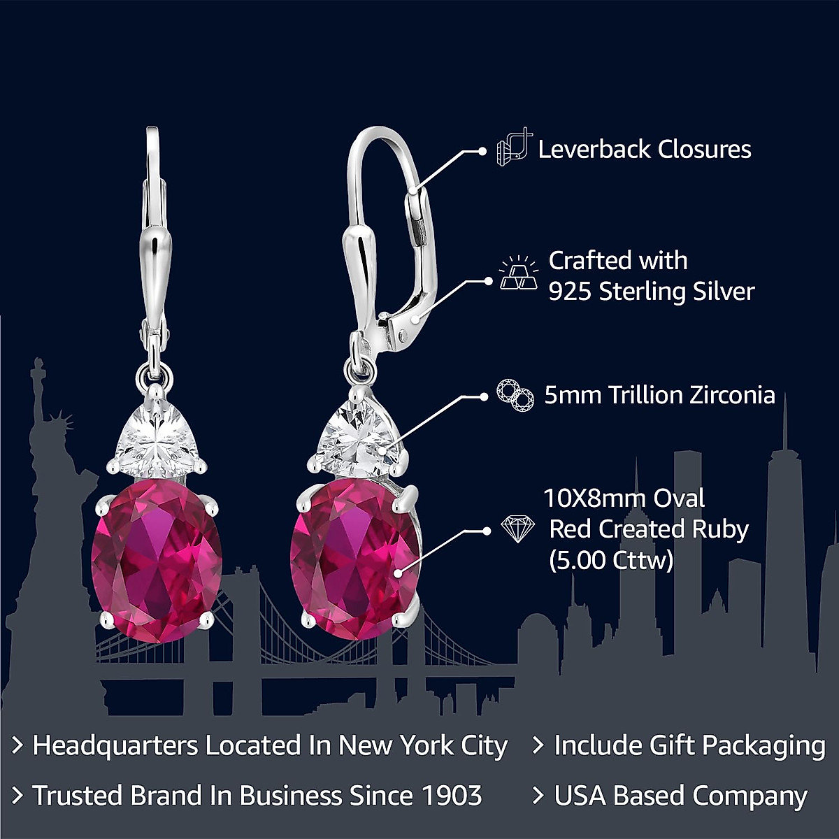 Gem Stone King 925 Sterling Silver Red Created Ruby and White Zirconia Dangle Earrings For Women (5.00 Cttw, Gemstone July Birthstone, Oval 10X8MM, Trillion 5MM)