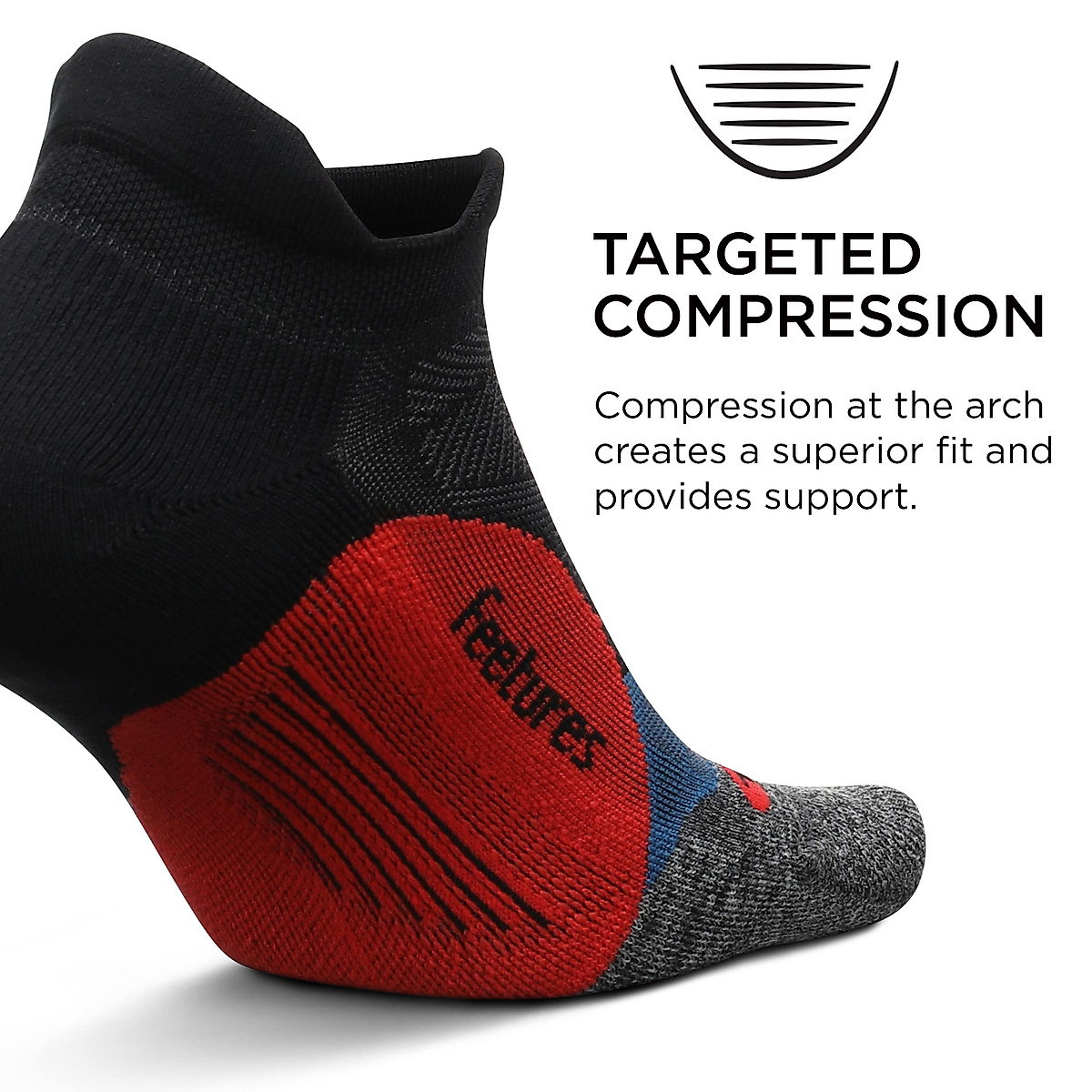 Feetures Elite Light Cushion No Show Tab Ankle Socks - Sport Sock with Targeted Compression - Bounce Black, S (1 Pair)