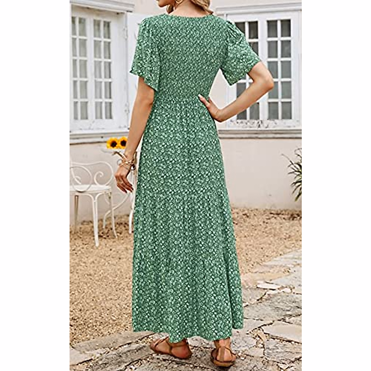 PRETTYGARDEN Womens Casual Floral Crew Neck Flutter Short Sleeve Long Summer Holiday Dress Party Maxi Wedding Guest Dresses (Green,Large)