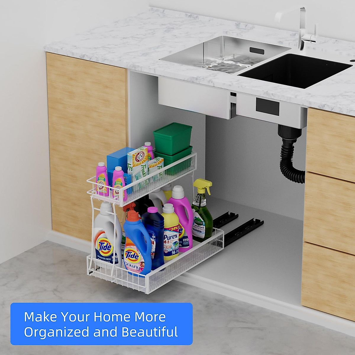 Lxmons 2-Tier Under Sink Slide Out Organizer, Pull Out Cabinet Storage Shelf with Sliding Storage Wire Basket Drawer for Bathroom Kitchen, Countertop or Pantry Storage Shelf, White