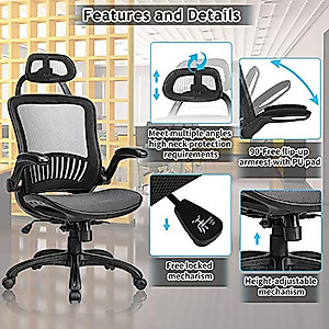 Home Office Chair Ergonomic Desk Chair High Back Computer Chair with Lumbar Support Flip-up Arms Headrest Adjustable Rolling Swivel Mesh Executive Chair for Women Men Adult, Black