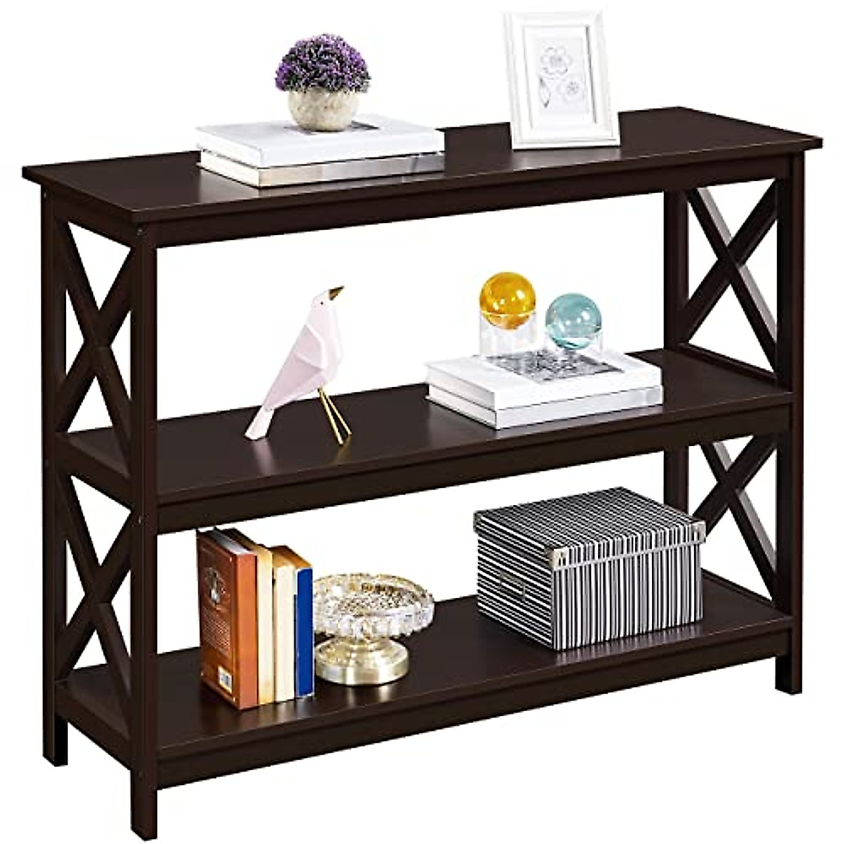 Yaheetech 3 Tier Console Table with 3 Storage Shelves, Entryway Table Sofa Side Narrow Long Table Bookshelf for Hallway Living Room, Accent Furniture, Espresso