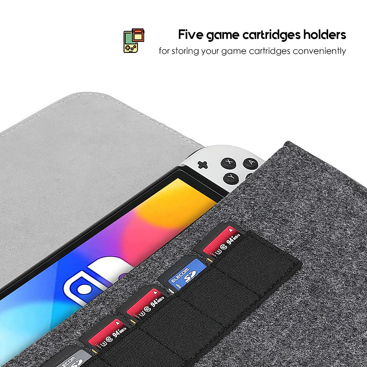 ProCase Carrying Case for Nintendo Switch OLED Model & Nintendo Switch, Portable Travel Bag Ultra Slim Felt Pouch for Nintendo Switch 2017 / Switch OLED Model 2021 with 5 Game Cartridges Holders –Grey