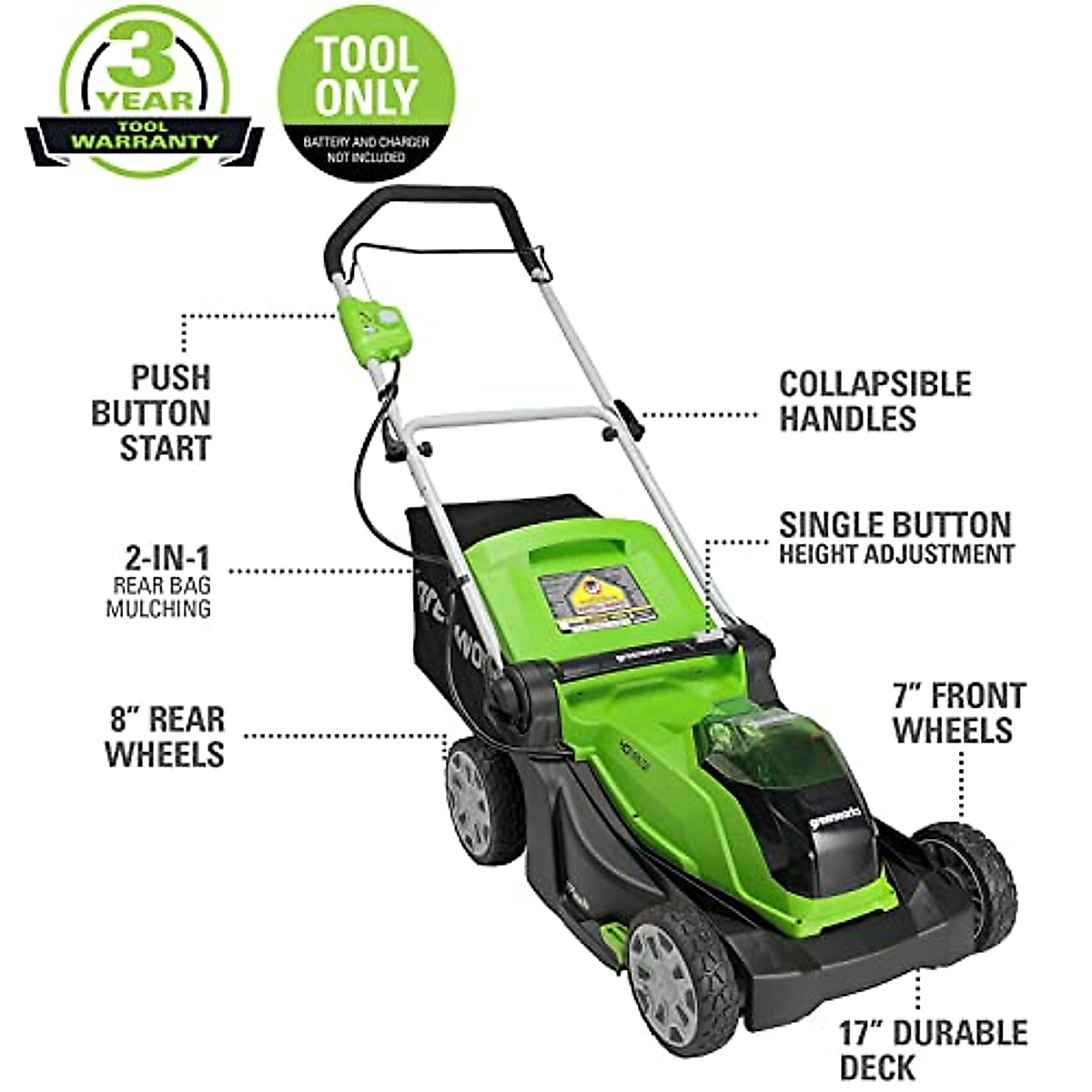 Greenworks 40V 17 inch Cordless Lawn Mower,Tool Only, MO40B01