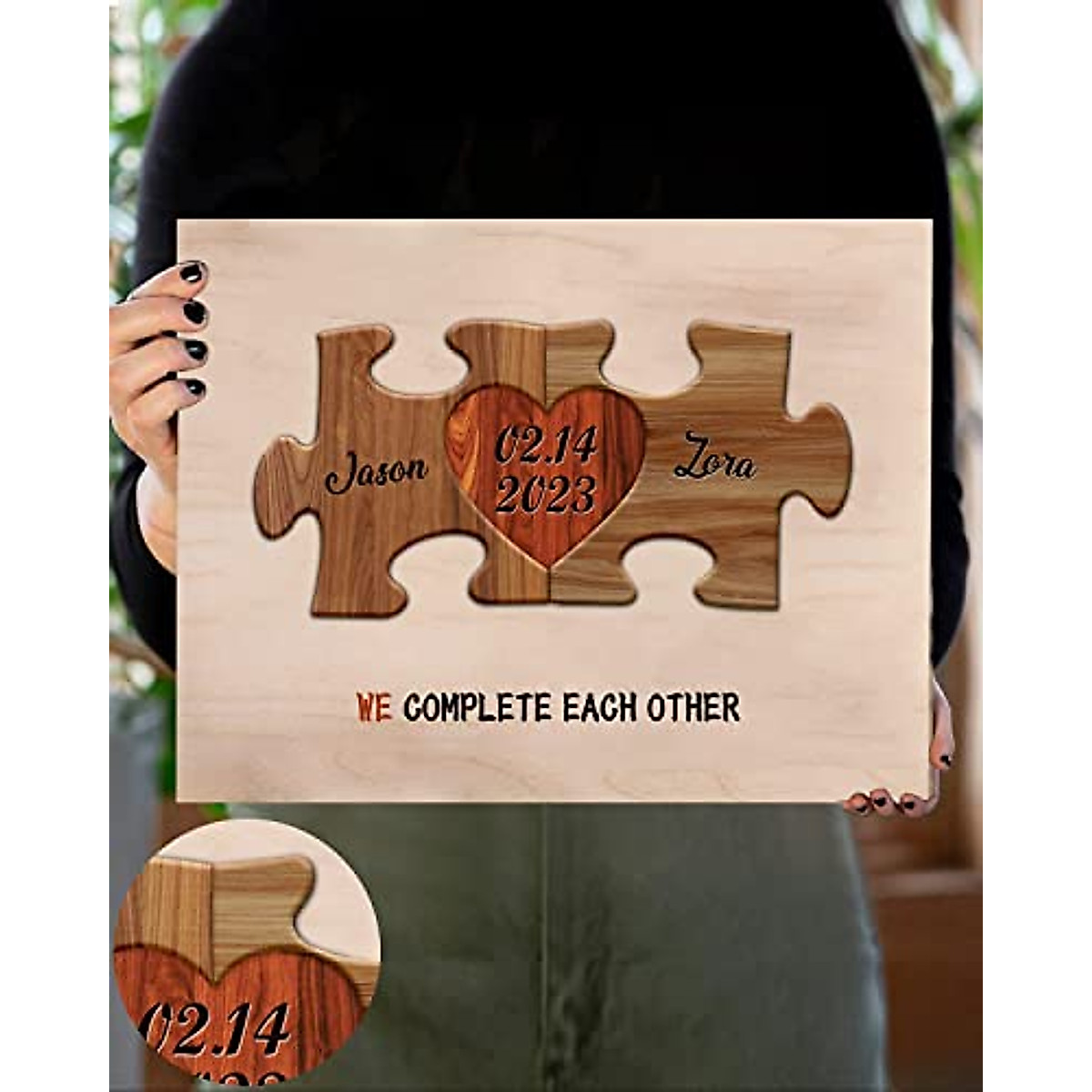Bohva Personalized Couple Names Sign, Valentines Day Anniversary Wedding Gifts Idea for Him Her, Birthday Gift for Husband Wife Boyfriend Girlfriend, Custom Heart Puzzle Pieces Print On Wood