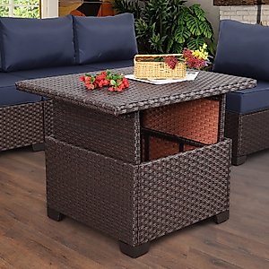 Patio Rattan Coffee Table with Hidden Storage, Wicker Liftable Dinning Table, Versatile Piece of Outdoor Furniture, Brown