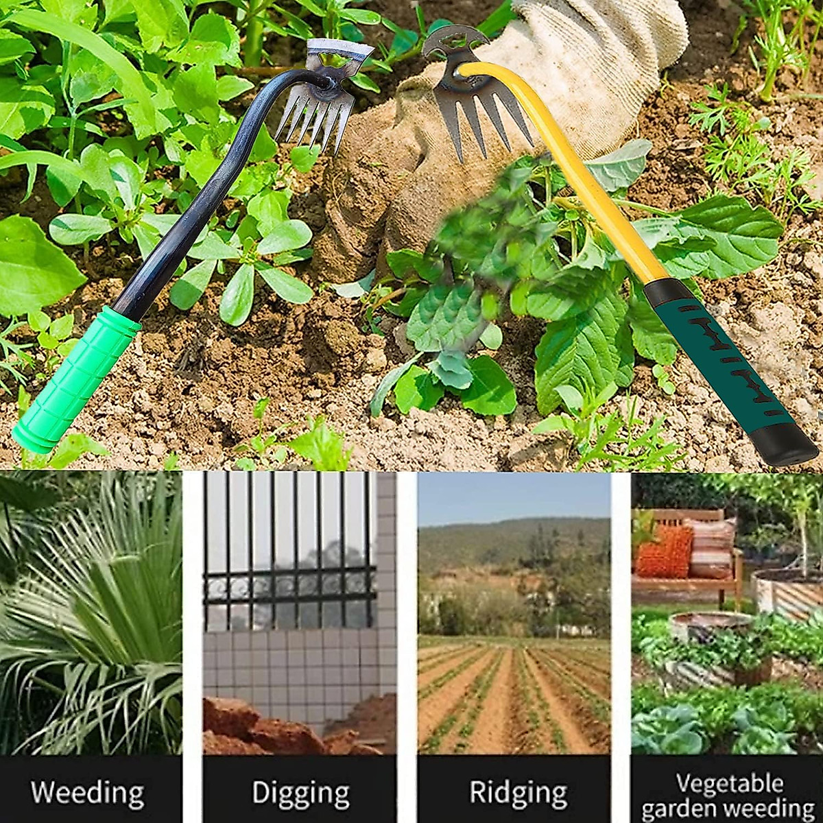 2Pcs Artifact Uprooting Weeding Tool, All Steel Hardened 2 in 1 Hollow Hoe and Rake, Heavy Duty Garden Rake Weeding Tools, Hand Hoe Gardening Weeder Tool Weed Puller for Backyard Weeding Loosening