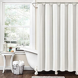 Lush Decor Boho Pom Pom Tassel Linen Shower Curtain, 72" x 72", Off White