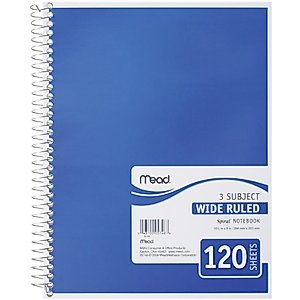 Mead Spiral Notebook, 3 Subject, Wide Ruled Paper, 120 Sheets, 10-1/2 x 7-1/2 inches, Color Selected For You (05746)
