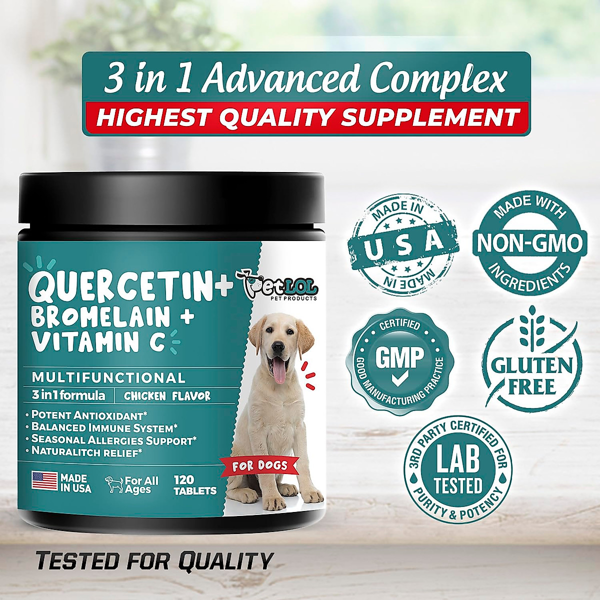 PET LOL Quercetin for Dogs with Bromelain and Vitamin C | 3-in-1 Supplement for Dog Allergies, Immune Support, Itch Relief, Promote Inflammatory Relief & Antioxidant Activity | 120 Chewable Tablets