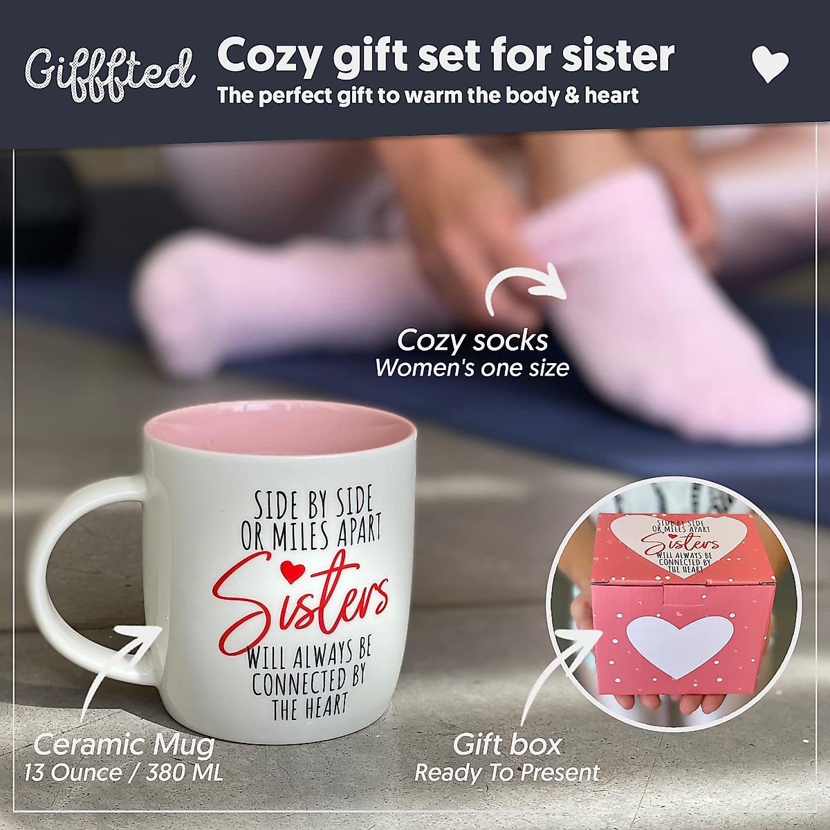 Triple Gifffted Best Sister Ever Coffee Mug & Socks, Gifts for Little Big Sisters from Brother, Birthday Presents Ideas, Valentines Mothers Day Christmas, to younger older sibling, Ceramic Cup 380ML
