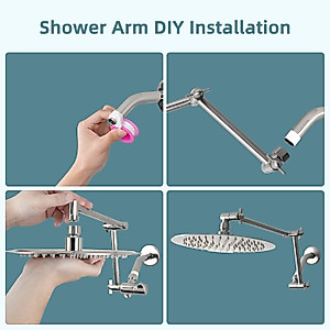iFealClear Adjustable Shower Head Extension Arm, 16" Brass Shower Head Extender Lower Raise Rain & Fixed Showerhead to Your Height/Angle, G1/2 Shower Arm Extension with Lock Joint, Brushed Nickel