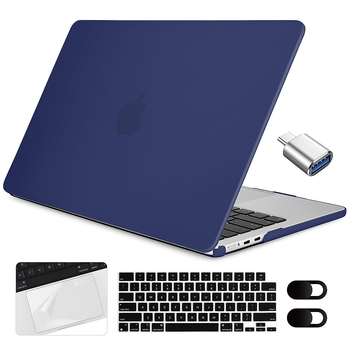 Yebiseven Case for MacBook Air 15 inch 2024 2023 Released A3114 M3/A2941 M2, Laptop Hard Shell Case with Keyboard Cover & Trackpad Protector Cover & OTG Adapter & Camera Cover, Matte Navy Blue