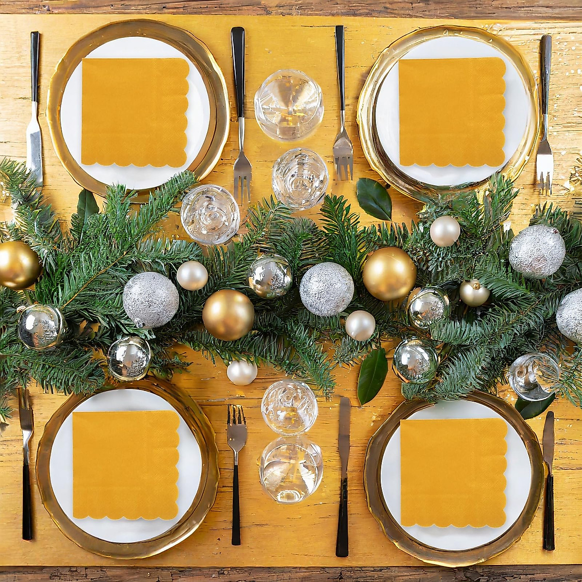 Juvale 100 Pack Mustard Yellow Paper Napkins - Scalloped Cocktail Napkins, Disposable for Wedding, Birthday Party (5x5 In)