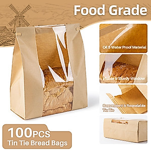 MAQIHAN 24 Bread Bags with Reusable Ties - Homemade Sourdough Bread Storage Bags Brown Paper Bagel Loaf Bakery Bags with Window Toast Bags with Resealable Ties Disposable Baked Goods Sale Packaging