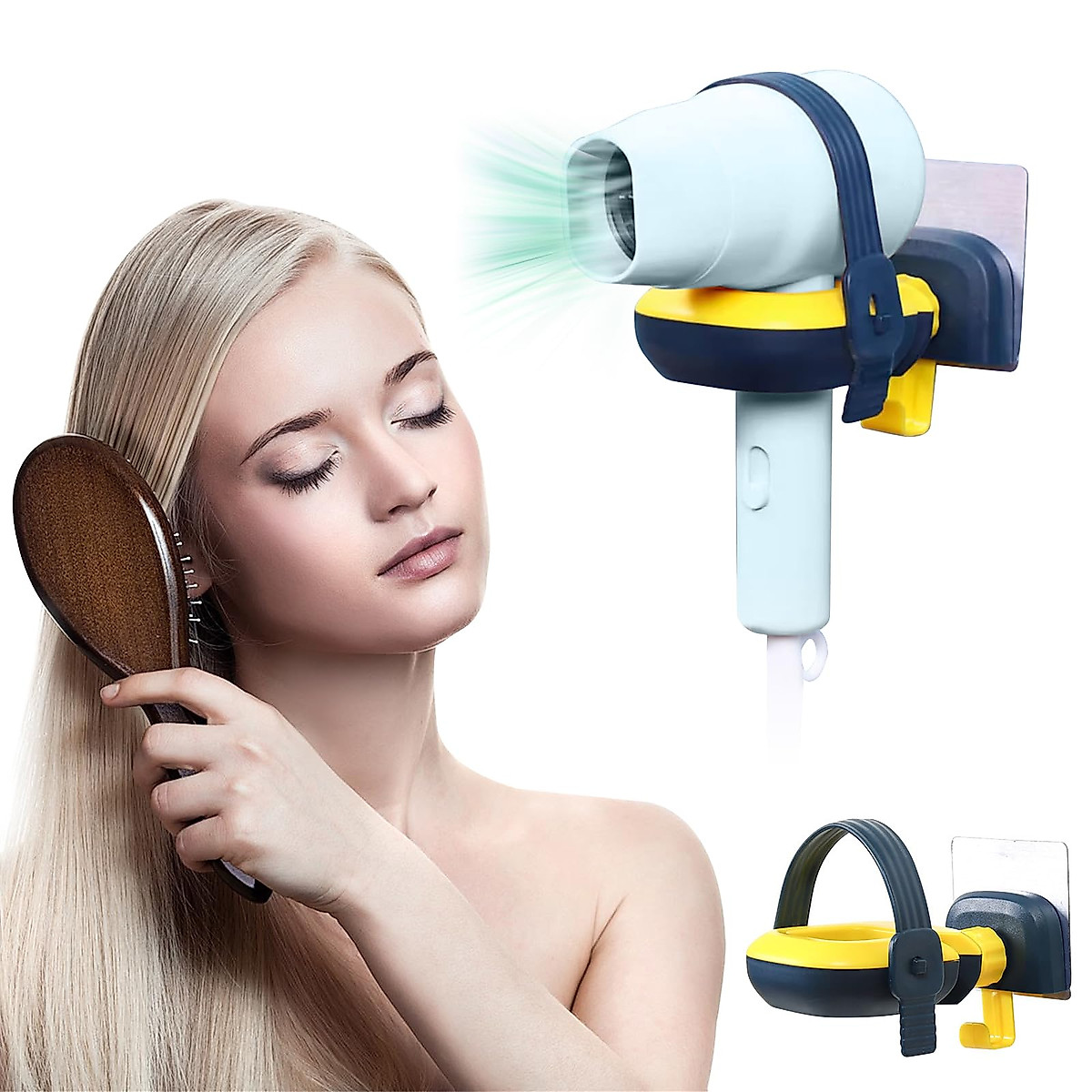 RAUWIZX Wall Mounted Hair Dryer Rack, Adjustable Hands-Free Hair Dryer Rack, Hole-Free Self-Adhesive Bathroom Hair Dryer Storage Rack, 360° Rotating Hair Dryer Holder. Suitable for Bathroom, Bedroom.