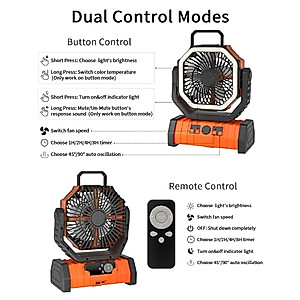 ADUST Camping Fan Battery Operated Powered Fan with LED Lantern Light 20000mAh Rechargeable Portable Fan, Oscillating Fan with 360° Rotation Hanging Hook for Tents, Cordless USB Desk Fan(Orange)