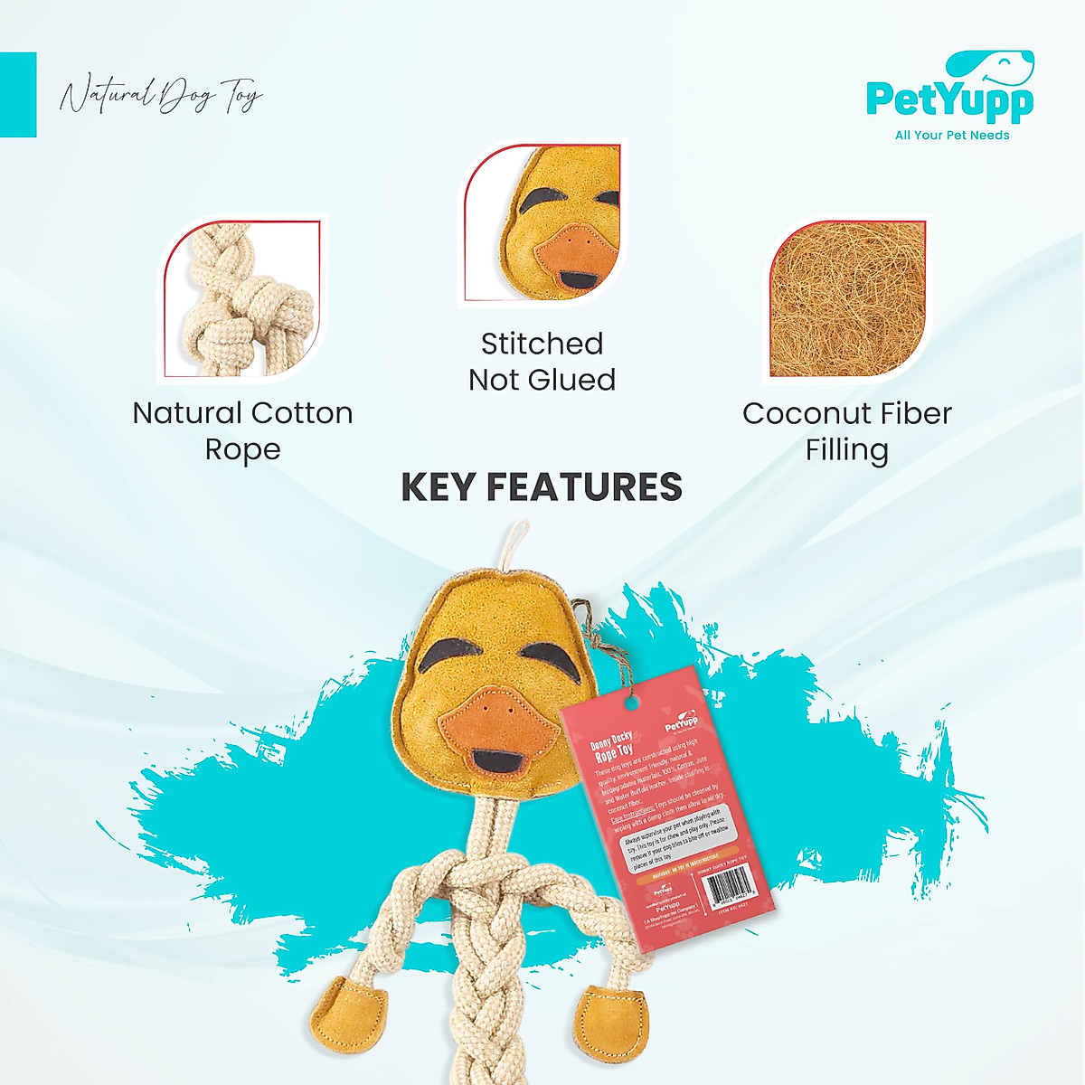 PetYupp Natural Cotton & Jute with Genuine Leather Rope Dog Chew Toy - 16" Long - Interactive Dog Toy for Teething Puppies, Small, & Medium Size Dogs, Promote Dental Health (Donny Ducky)