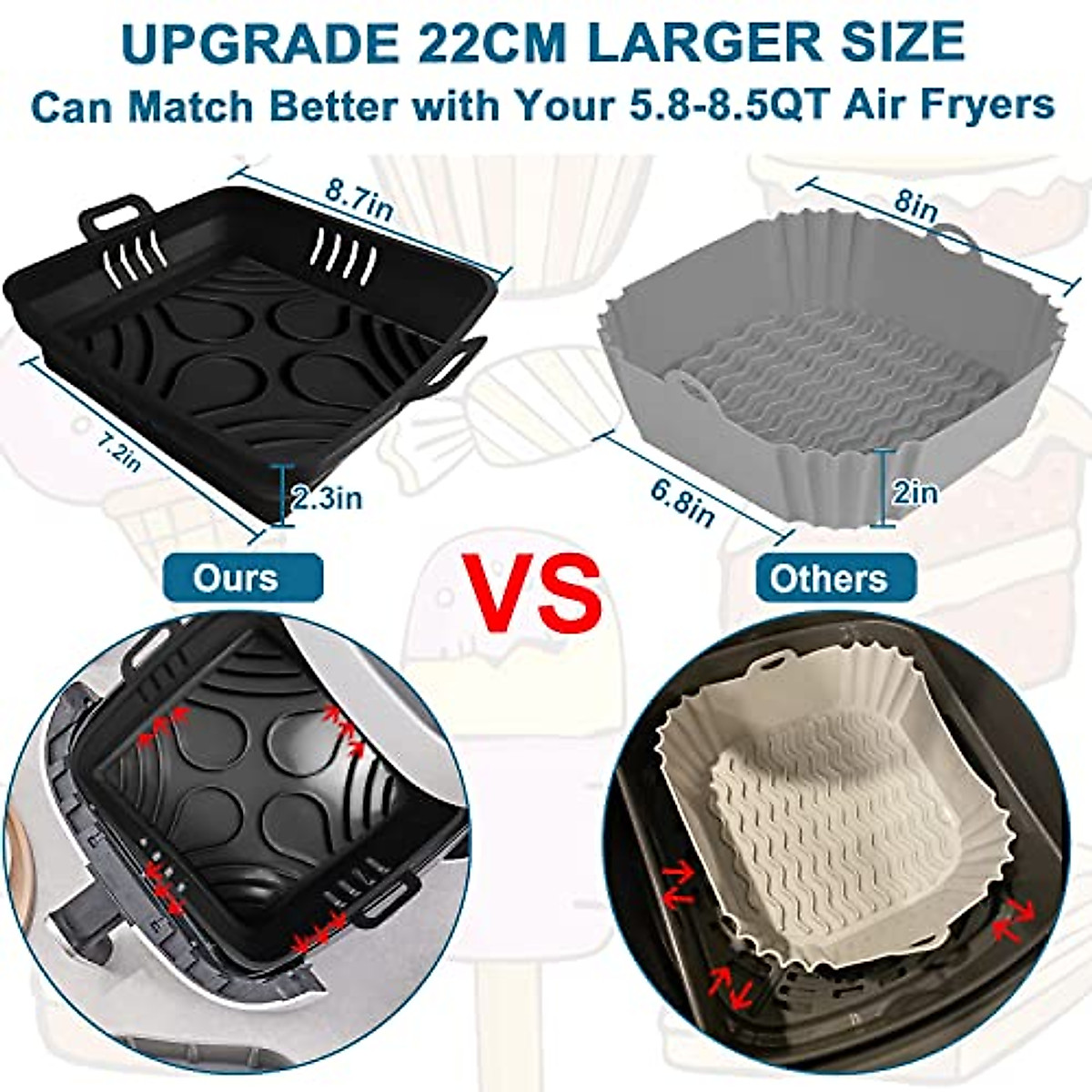 Air Fryer Silicone Liners 8.7 inch, YINGRACE 2Pcs Square Air Fryer Accessories Foldable Air Fryer Pot Bowl Reusable Air Fryer Basket Liner for COSORI Instant Pot Ninja Ultrean 5.8QT-8.5QT Air Fryers