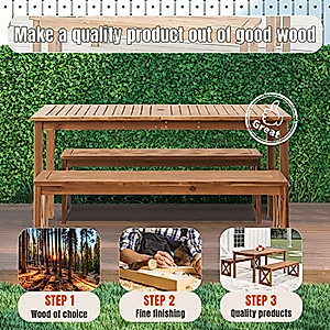 PayLessHere 3 Piece Acacia Wood Outdoor Dining Table and Bench Set Patio Bench Dining Table Outdoor Wooden Table & Bench Set for Backyard,Patio,Garden Outdoor Lounge Furniture,Nature