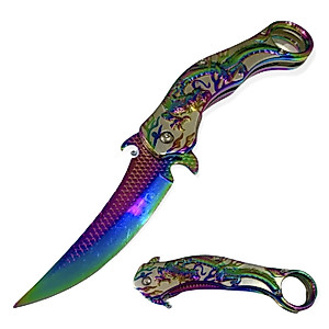 Super Knife Dark Side Blades Dragon Knife 9-'' Spring Assisted Folding Pocket Knife Color Coated. Fantasy Knife for Hunting, Camping (Rainbow)