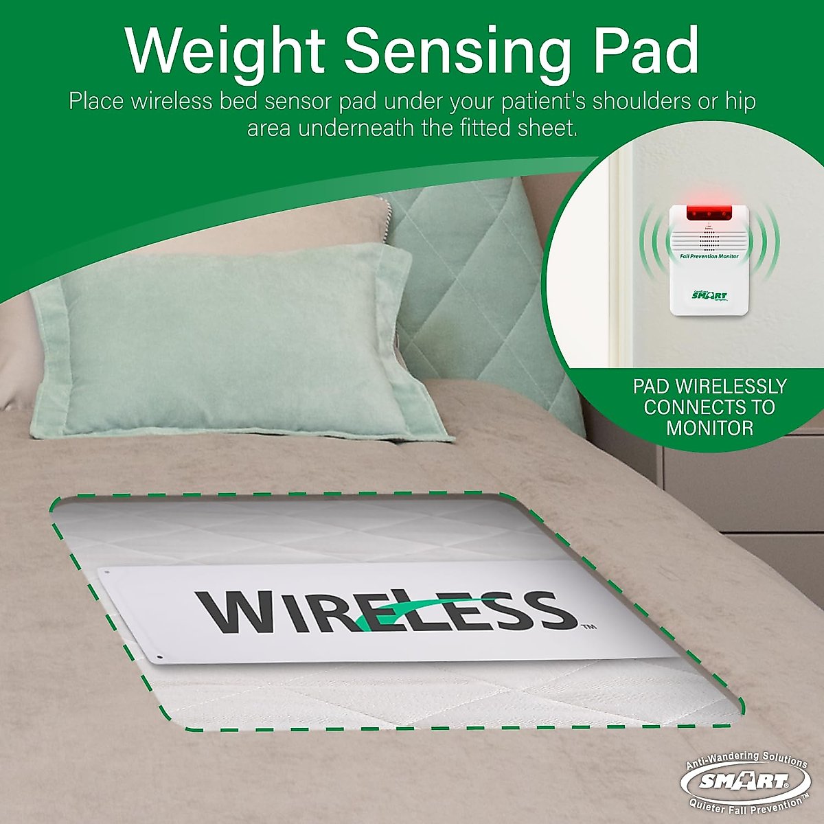 Smart Caregiver Wireless Bed Exit Alarm System - Weight Sensing Bed Pad with Call Button and Wireless Monitor - Bed Alarm Automcatically Alerts Caregiver When They Get Up to Help Prevent Falls