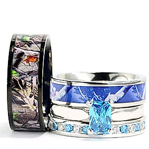 4pcs His Hers Camo Blue Radiant Stainless Steel Sterling Silver Wedding Ring Set (Size His 08, Hers 06)