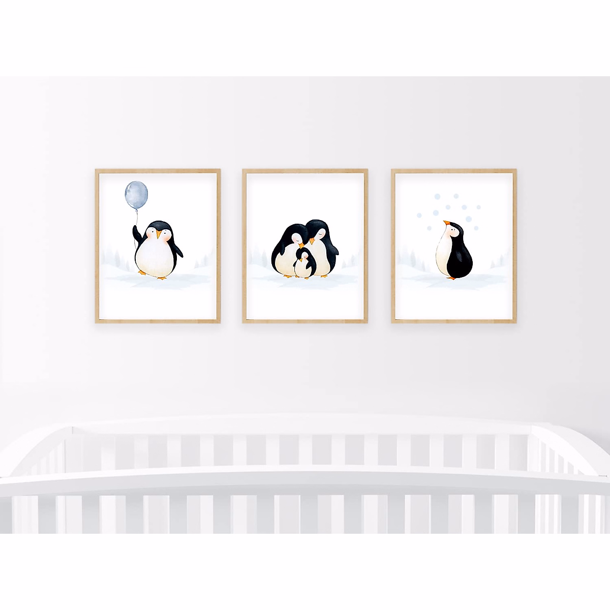 bumbleboo Baby Penguin Nursery Wall Prints, Play Room Decoration, Nursery Wall Art, Nursery Room Decor, Penguin Family Print Set, Unframed, Set of 3 Prints, 8x10 (Blue)