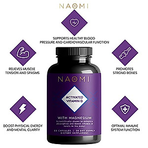 NAOMI Activated Vitamin D, Vitamin D3 5000 IU with Magnesium Supplement, Vitamin D for Strong Bones, Balanced Mood and Optimal Immune Support, K Minerals, D Vitamin IU- 60 Veggie Capsules