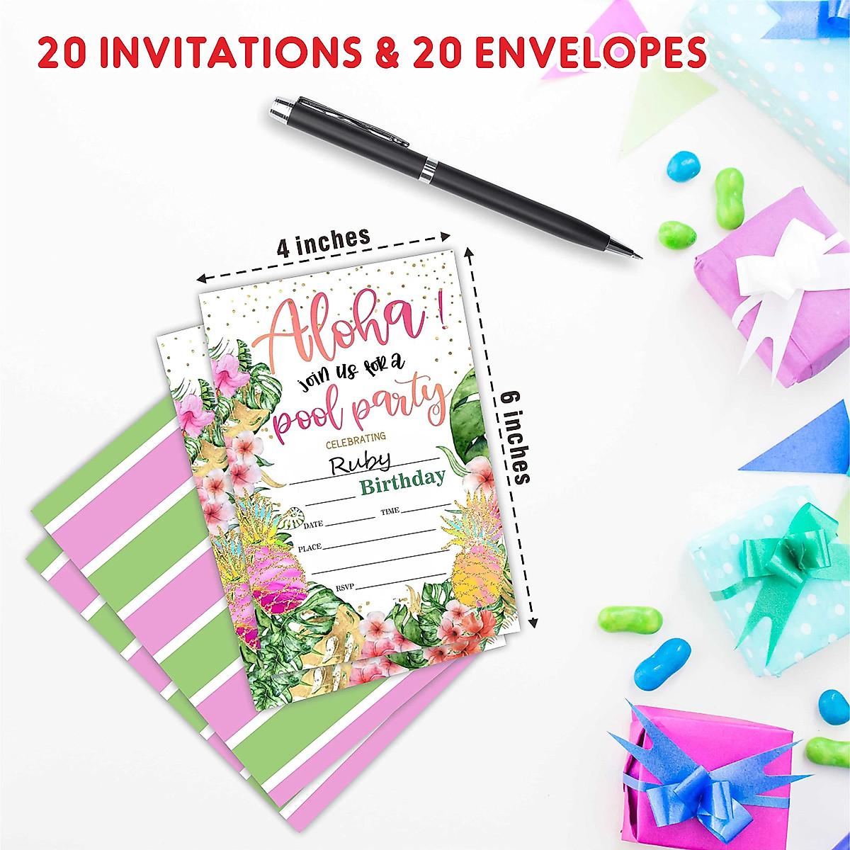 AWSICE Pool Party Birthday Invitations, Aloha Tropical Double-Sided Fill-In Invite Cards For Birthday Party, 20 Invitations With Envelopes, Decorations,Party Favor And Supply-A38