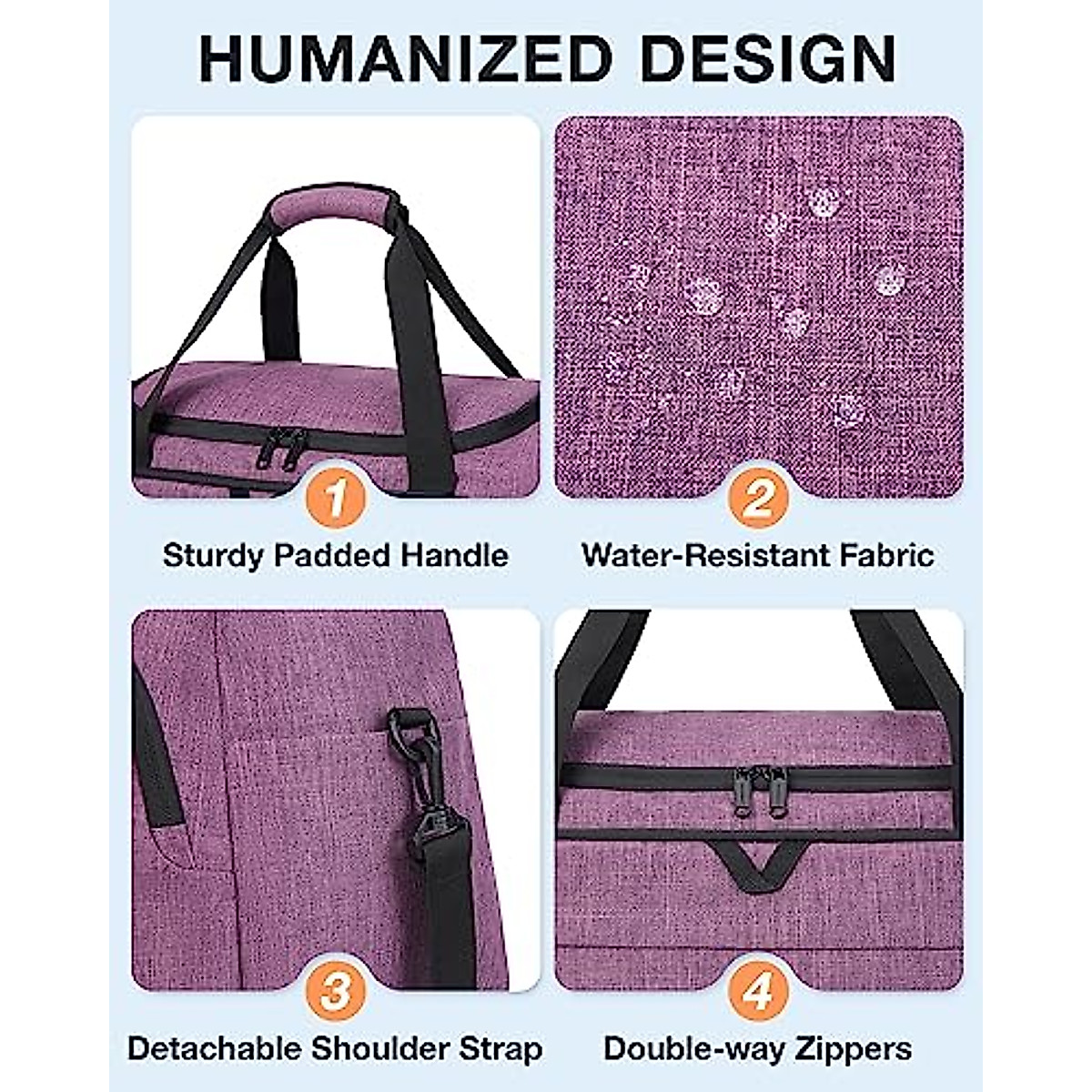 Weekender Bag for Women, BAGSMART 38L Carry on Overnight Bag, Gym Bag Personal Item Travel Bag with Trolley Sleeve, Shoe Bag, Purple-38L