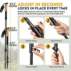 Hiker Hunger Carbon Fiber Trekking Poles | Collapsible Walking Sticks for Travel | Walking Poles for Women | Hiking Poles for Men | Hiking Sticks | Walking Stick - 3k Black & Green Cork
