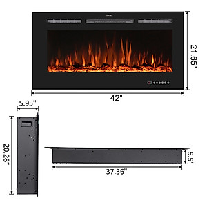 Benrocks 42'' Electric Fireplace Inserts, Recessed & Wall Mount Electric Heater and Linear Fireplace with Remote Control, Adjustable Flame Color, Temperature, Timer 750/1500W Black…