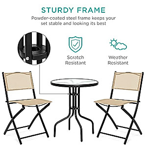 Best Choice Products 3-Piece Patio Bistro Dining Furniture Set w/Textured Glass Tabletop, 2 Folding Chairs, Steel Frame, Polyester Fabric - Beige