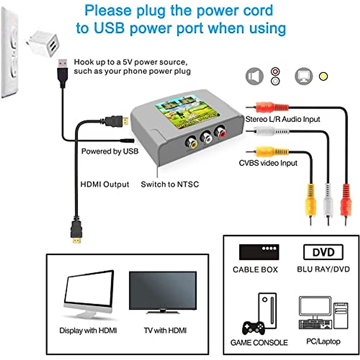 Dingsun RCA to HDMI Converter, V22B Mini RCA/ Composite/ CVBS/ AV to HDMI Video Audio Converter Adapter 1080P Supports 4:3/16:9 switche Compatible Xbox/ PS2/ WII/ SNES/ N64/ VHS/ VCR/ DVD ect.