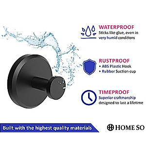 HOME SO Suction Cup Hooks for Shower, Bathroom, Kitchen, Glass Door, Mirror, Tile – Loofah, Towel, Coat, Bath Robe Hook Holder for Hanging up to 15 lbs – Waterproof, Dark, Matte Black (2-Pack)