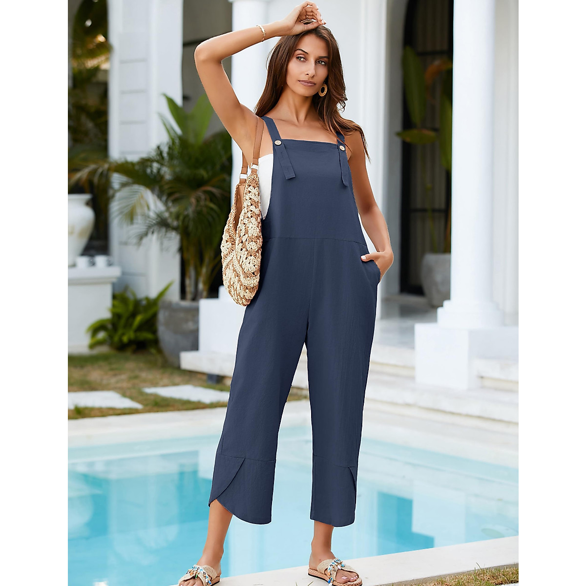 UANEO Womens Cotton Adjustable Casual Summer Bib Overalls Jumpsuits with Pockets (Navy, XL)